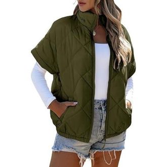 Generic Veste matelass&eacute;e surdimensionn&eacute;e &agrave; manches courtes avec col montant et fermeture &eacute;clair sur le devant pour femme, vert militaire, XXL
