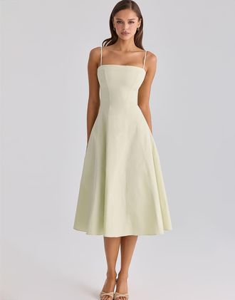 House of CB Dolly - Ausgestelltes Midi-Sommerkleid aus Baumwolle in Matcha-Gr&uuml;n