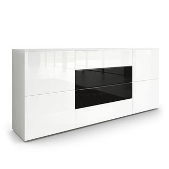 Vladon Sideboard Rova, Made in Germany, Kommode mit 4 T&uuml;ren und 4 Schubladen, Wei&szlig; matt/Wei&szlig; Hochglanz/Schwarz Hochglanz (166 x 72 x 35 cm)