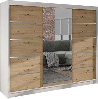 Mirjan24 Kleiderschrank Dotan VI mit Spiegel, Kleiderstange und F&auml;cher, Schlafzimmerschrank, Schwebet&uuml;renschrank, Dielenschrank, Garderobenschrank (Wei&szlig;/Artisa