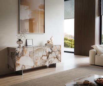DELIFE Sideboard Cuor 180 cm Keramik Patagonia Poliert 2 T&uuml;ren 3 Schubf&auml;cher Fu&szlig; Schwebeoptik Edelstahl, Sideboards