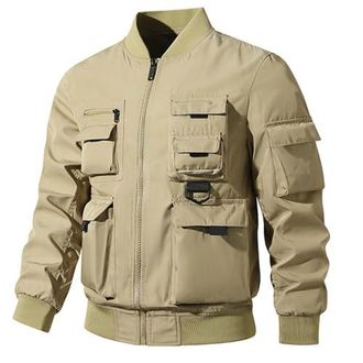 Generic Veste de transition cargo pour homme en coton - Col montant - Veste daviateur avec poches - Veste dext&eacute;rieur - Manteau de transition sans capuche - Ve