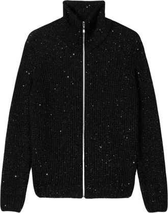 Oltre Femme, Pulls, Noir, Taille: 38 FR Cardigan avec Zip et Micro Sequins