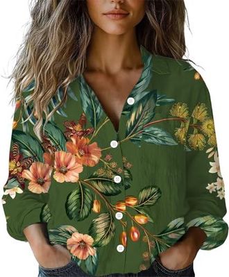 Generico Chemise Femme &Eacute;l&eacute;gant &agrave; Manches Longues Blouse Coton Et Lin Simple Grande Taille Chemisier Col en V Doux T Shirt Vintage Fantaisie avec Boutons Classi