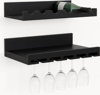 Mendler 2er-Set Weinregal HWC-P22, Glas-/Flaschenhalter Wandbar f&uuml;r 6 Flaschen/15 Gl&auml;ser Holz FSC-Zertifiziert 61x28cm - schwarz