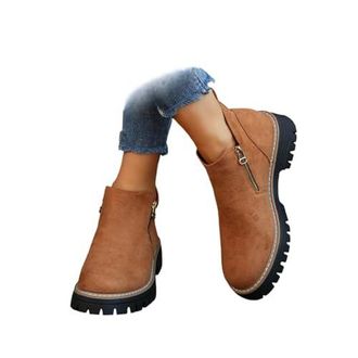 Generic Bottines courtes pour femme - Talon compensé bas - Fermeture éclair - Antidérapantes - Confortables et décontractées - Avec semelle extérieure, marron