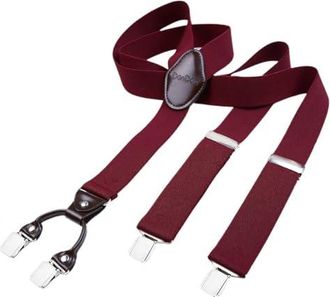 DonDon bretelles hommes larges 3,5 cm avec 4 clips extra-fortes et patch en cuir marron - bordeaux rouge