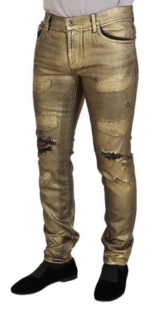 Dolce & Gabbana Gold Cotton Tattered Skinny Men Denim Jeans Elastane Clothing