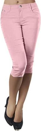Minetom Femme Été Casual Pantalon avec Poches Stretch Slim Jeans Denim Pantalon Court 3/4 Shorts Leggings A Rose XL