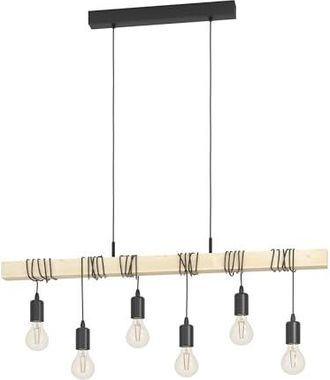 Eglo Pendellampe Townshend, 6 flammige Vintage Pendelleuchte im Industrial Design, Retro H&auml;ngelampe aus Stahl und Holz, Farbe Schwarz, braun, FSC zertifizi