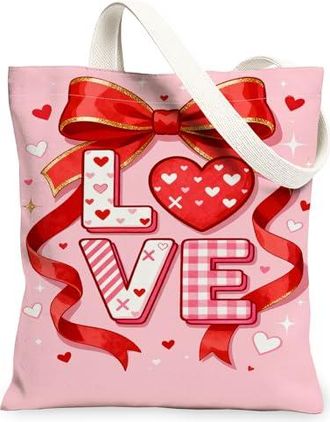 Generic Sacs fourre-tout en toile motif coeurs pour la Saint-Valentin, sacs &agrave; provisions r&eacute;utilisables, l&eacute;gers et lavables avec bandouli&egrave;re en toile, p&ecirc;che, 1