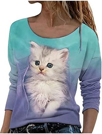 Generic Tee Shirt Femme Impression 3D Chats Motif, Haut Manche Longue Col Rond,Top Femme D&eacute;grad&eacute; de Couleurs Graphique Pullover D&eacute;contract&eacute; AmplesTunique L&acirc;ch