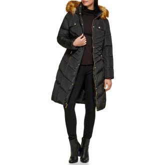 Guess Mittelschwere Pufferjacke f&uuml;r Damen, Kunstfellkapuze schwarz, S