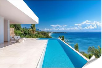 Islandburner Prime Bild Poster Modernes Haus mit Infinity Pool und Meerblick für Wohnzimmer Luxusliebhaber Immobilienmakler Premium Bilder Fotodruck