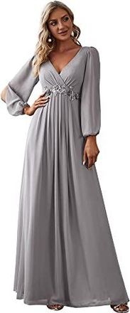 Ever-pretty Robe Mère de Mariée Grande Taille Femme Longue Manche Longue Col V en Mousseline Applique Plissé Gris 44