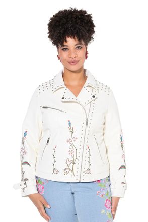 Miamoda Damen gro&szlig;e Gr&ouml;&szlig;en &Uuml;bergr&ouml;&szlig;en Plus Size Bikerjacke, Lederoptik, Stickerei, Ziernieten Offwhite 52 839180200-52