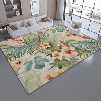 Generic Tapis Rond Salon 160 x 230 cm, Lavable Antid&eacute;rapant Tapis, R&eacute;tro Tropical Plantes Fleurs Feuilles Imprim&eacute; Carpette pour la Chambre la Salle &agrave; Manger e