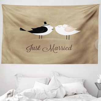 Abakuhaus Hochzeit Wandteppich und Tagesdecke, Just Married Birds Kuss aus Weiches Mikrofaser Stoff Kein Verblassen Klare Farben Waschbar, 230 x 140 cm, Mehrfar