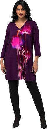 Ulla Popken Damen große Größen Übergrößen Plus Size Slinkyshirt, Blüten, A-Linie, V-Ausschnitt, 3/4-Arm dunkle Pflaume 46+ 830401543-46+