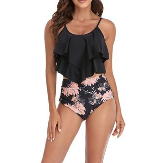 Generico Tankini Femme Beachwear Tankini Curvy avec imprim&eacute; floral Swimsuit Deux pi&egrave;ces Set Slim Fit D&eacute;bardeur et short Swimwear &eacute;l&eacute;gant taille haute &eacute;t&eacute; Beach