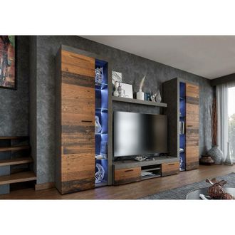 Furnix Furnix - Mediawand marcuss xl Wohnwand TV-Schrank Vitrine Regal 4-tlg 300cm old wood matera