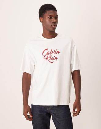 Calvin Klein Jeans T-shirt avec grande inscription - Blanc et rouge