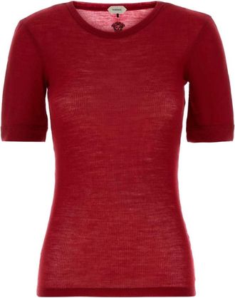 Versace Femme, Tops, Rouge, Taille: 36 FR T-shirt en maille c&ocirc;tel&eacute;e de laine brod&eacute;e
