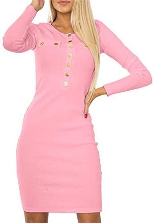Generic Robe amincissante &agrave; manches longues et col rond - Couleur unie - Bouton tendance - Jupe courte d&eacute;contract&eacute;e, rose, M