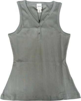 Calvin Klein Femme, Tops, Gris, Taille: 40 FR D&eacute;bardeur c&ocirc;tel&eacute; boutonn&eacute; &agrave; col en V