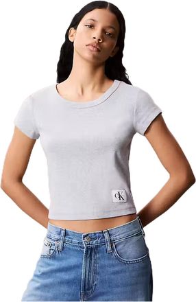 Calvin Klein Damen T-Shirt Kurzarm Woven Label Rib Baby Tee mit Rundhalsausschnitt, Grau (Bc06 Grey Heather), XS
