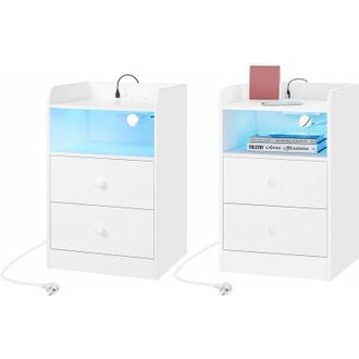 Woltu 2er Nachttisch mit 2 Schubladen offenem Fach und LED-Licht Nachtkommode Hochglanz Beistelltisch mit 2 Steckdosen 2 USB Nachtschrank f&uuml;r