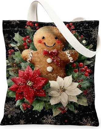 Generic Sacs fourre-tout en toile de pain d&eacute;pices, motif de plantes festives, sacs de courses r&eacute;utilisables, rustiques, l&eacute;gers et lavables pour cadeau de No&euml;l