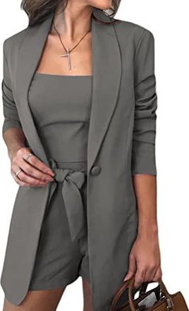 Onsoyours Ensemble Femme Blazer Tailleur+Top+Short de Bureau 3 Pièces Veste de Costume Manteau Blouson Casual pour Affaires Soiree Formel Bureau Travail GrisFon