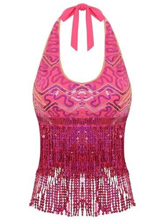 TiaoBug D&eacute;bardeur Danse Orientale Femme Bra Soutien-Gorge Danse Orientale Paillette Brillant &agrave; Frang&eacute; Haut de Danse du Ventre Costume Carnaval Halloween Perfo