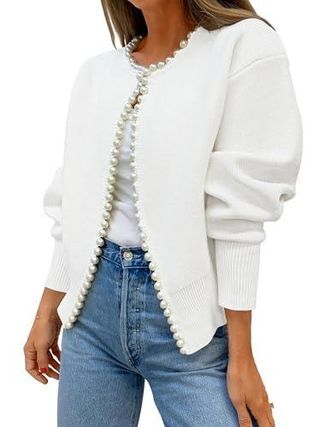 Generic Y2k Cardigan ouvert sur le devant pour femme - Joli haut en tricot &agrave; manches longues - Col rond - Style habill&eacute; et d&eacute;contract&eacute; - Tenue de festival, bl