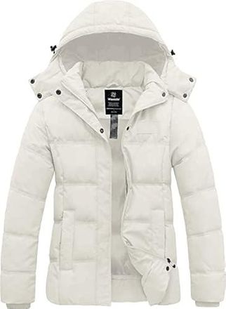 Wantdo Veste dhiver pour Femme Manteau Court Chaud &eacute;pais Veste matelass&eacute;e Coupe-Vent Hiver Doudoune avec Capuche Amovible Manteau rembourr&eacute; Blanc ivoire XL