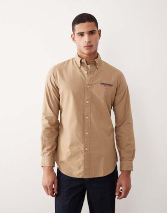 Polo Ralph Lauren Sport Capsule - Chemise Oxford ajust&eacute;e avec petit logo drapeau - Beige kaki-Neutre