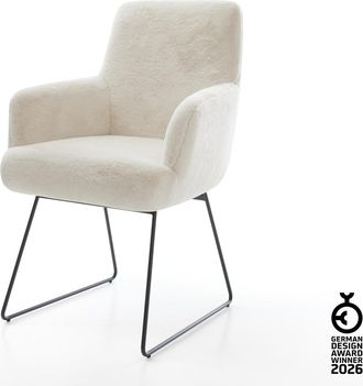 DELIFE Esszimmerstuhl Heira-Flex mit Armlehnen Pl&uuml;sch Creme-Wei&szlig; Kufengestell Schwarz Taschenfederkern, Esszimmerst&uuml;hle