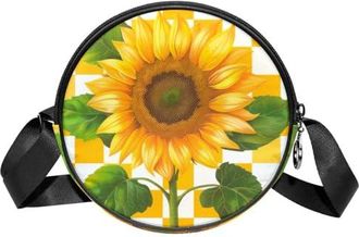 Generic Petit sac &agrave; bandouli&egrave;re rond pour femme, motif tournesol avec fermeture &eacute;clair, bretelles r&eacute;glables, style d&eacute;contract&eacute;, pour femmes et filles