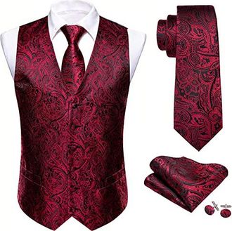 Barry.Wang Gilet cachemire pour homme en soie jacquard avec col en V et boutons de manchette carrés pour mariage, smoking, bal de fin dannée, Red Paisley, L