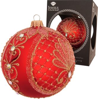 Krebs Glas Lauscha Weihnachtsdekoration/Christbaumschmuck aus Glas - Weihnachtsglaskugel Jugendstil mit Goldener Verzierungen - Farbe: Rot - Gr&ouml;&szlig;e: ca. 10 cm