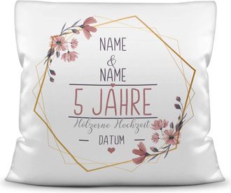 Tassendruck Kissen Hochzeitstag Hölzerne Hochzeit - mit Name & Datum selbst gestalten - 5 Jahre Ehe, Geschenk Hochzeit, Jubiläum, Jahrestag - Hochzeit Kissen Poly