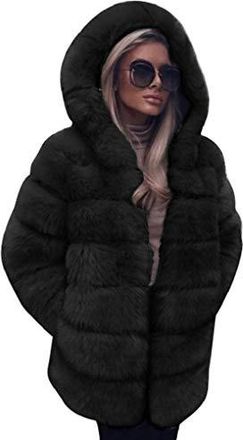 FNKDOR Moelleux en Fausse Fourrure pour Femmes Hiver Chaud Épais Veste à Capuche Solide Peluche Blouson(Noir,XL=FR(40))