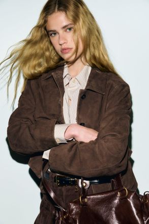 Gerard Darel Veste courte en cuir velours - POLA - Cinnamon