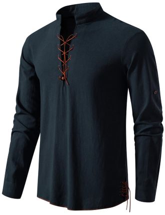 PARKLEES Herren Baumwolle Retro Lace Up Langarm Shirts f&uuml;r Renaissance Pirat Wikinger Mittelalter, Leder, Marineblau, L