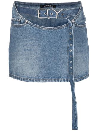 Y / Project minijupe en jean &agrave; taille ceintur&eacute;e - Bleu