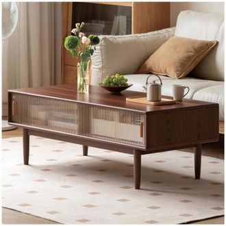 Generic Eichenholz Couchtisch, Couchtisch f&uuml;r Wohnzimmer, Mid Century Modern Table mit Glasschiebet&uuml;r, Rustic Wood Desktop Center Table for Living Room,Walnut