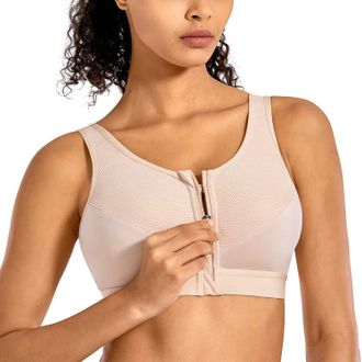 Syrokan Damen Sport BH Starker Halt - Vorderverschluss Ohne B&uuml;gel Und Einlagen f&uuml;r Nach Brust OP Fitness Lauf Yoga Beige 80D
