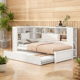 Generic Daybett 90x200(190) cm in Weiß | Tagesbett mit Ausziehbett & Staufach | Kinderbett mit USB-Anschluss | Spanplatte ohne Matratze (White + Particle Boar