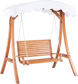 Beliani Gartenschaukel L&auml;rchenholz Dunkelbraun Sonnendach beige f&uuml;r 2 Personen Andria
